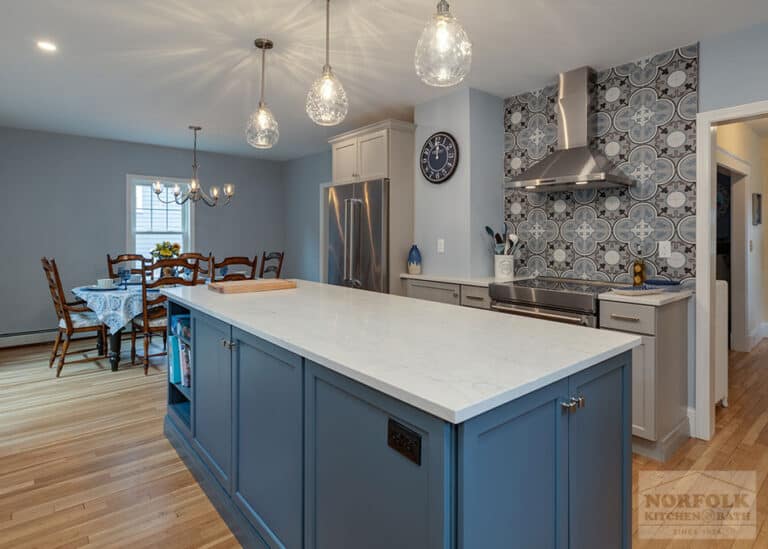 Greige Kitchen With Blue Island - Walpole, MA